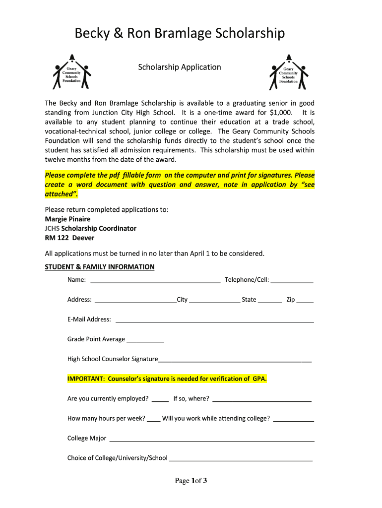 Fillable Online Becky Ron Bramlage Scholarship - webusd475org Fax Email ...