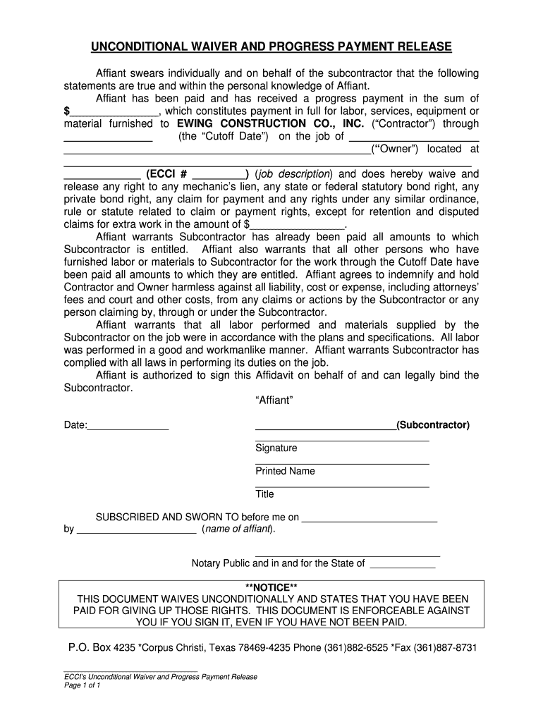 Fillable Online UNCONDITIONAL WAIVER AND PROGRESS PAYMENT RELEASE ...