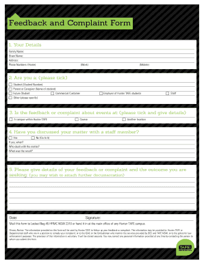 Fillable Online hunter tafensw edu Feedback and Complaint Form - TAFE ...