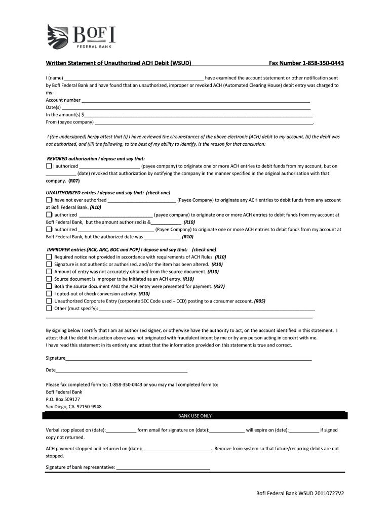 Fillable Online Statement of Unauthorized ACH Debit WSUD Fax Number 1 858 Fax Email Print ...