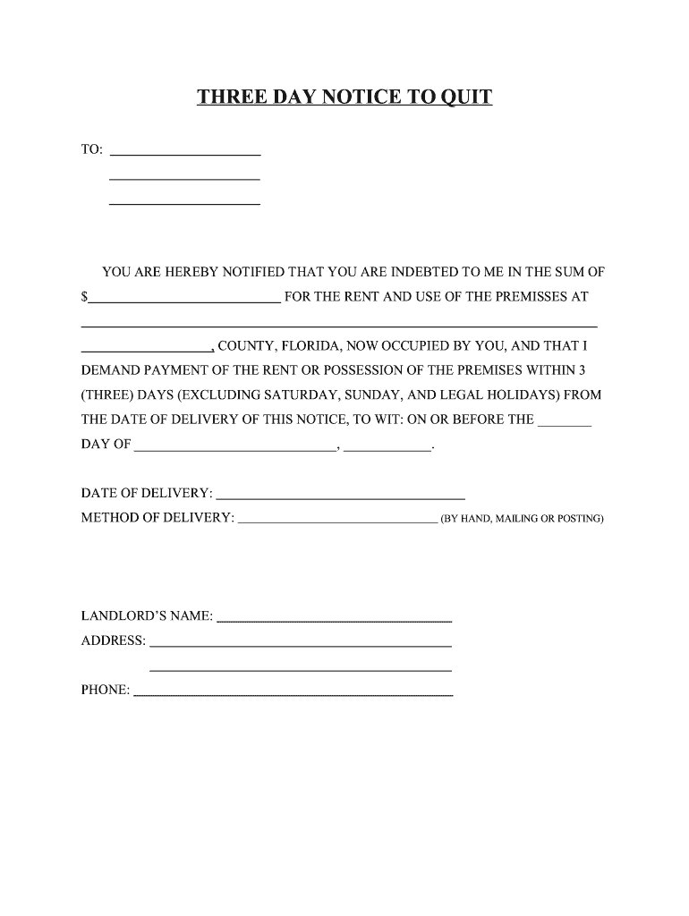 Fillable Online THREE DAY NOTICE TO QUIT - oncorewebsrccolcom Fax Email ...