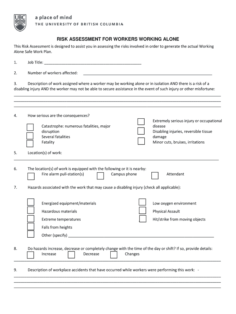 Fillable Online riskmanagement ok ubc RISK ASSESSMENT FOR WORKERS ...