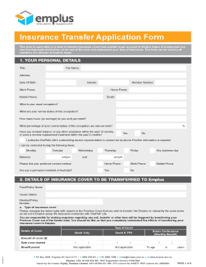 Fillable Online Insurance Transfer Application Form - bempluscomaub Fax ...