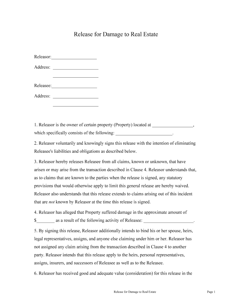 Fillable Online Release for Damage to Real Estate - Cornick Mountain ...