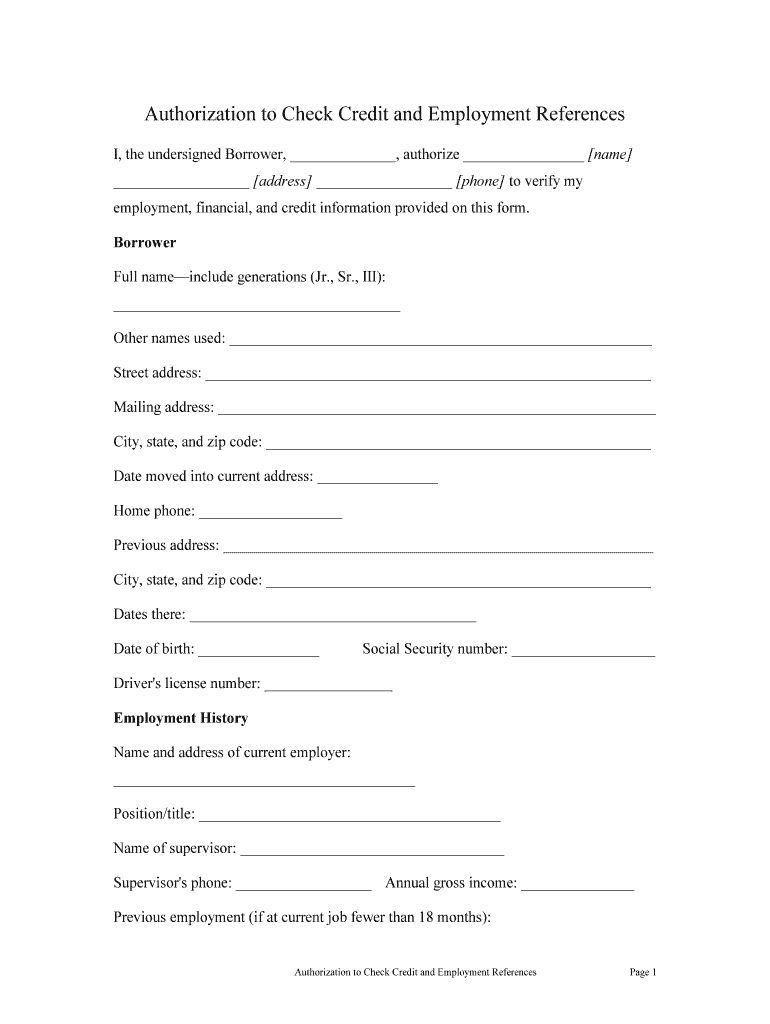 Fillable Online Authorization to Check Credit and Employment References ...