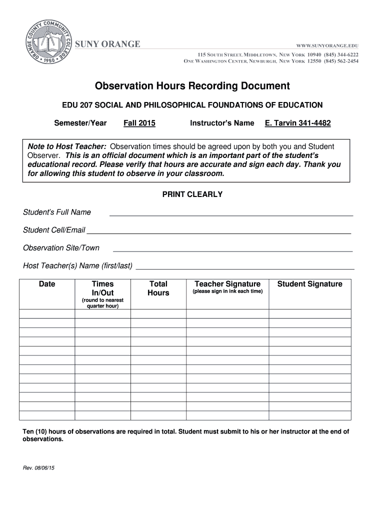 Fillable Online sunyorange Observation Hours Recording Document - SUNY ...