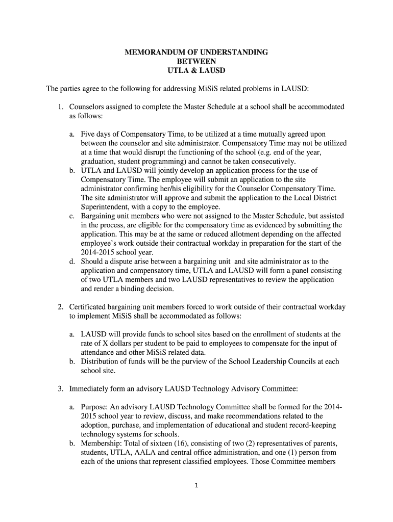 Fillable Online utla MEMORANDUM OF UNDERSTANDING BETWEEN UTLA LAUSD Fax ...