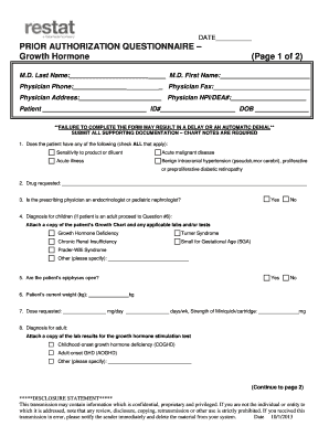 Fillable Online DATE PRIOR AUTHORIZATION QUESTIONNAIRE Growth Hormone Fax Email Print - pdfFiller