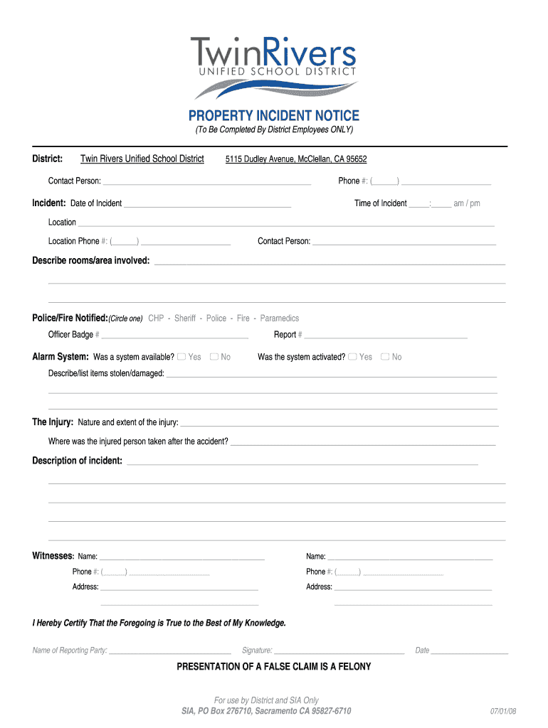 Fillable Online twinriversusd Property Incident Notice ...