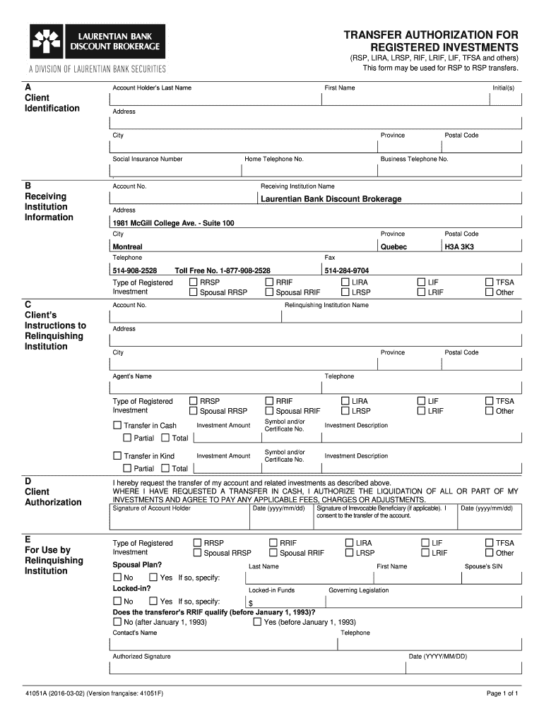 Fillable Online TRANSFER AUTHORIZATION FOR REGISTERED INVESTMENTS ...