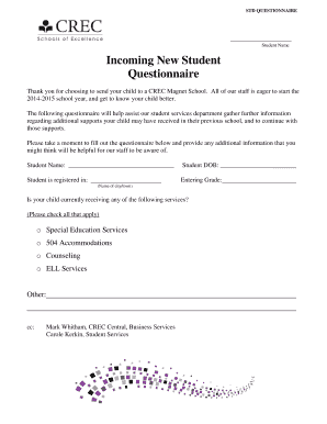 Fillable Online Incoming New Student Questionnaire - CREC Schools Fax ...