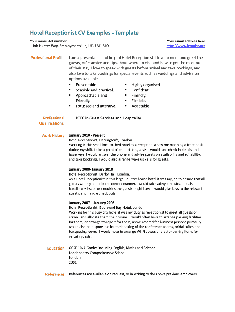 Fillable Online Hotel Receptionist CV Examples - Template Fax Email ...