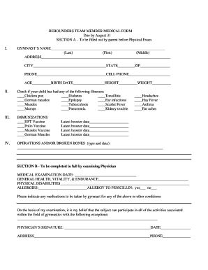 Fillable Online Team Medical Form - Rebounders Gymnastics Fax Email ...