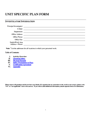 Fillable Online UNIT SPECIFIC PLAN FORM - legacyehspsuedu Fax Email ...