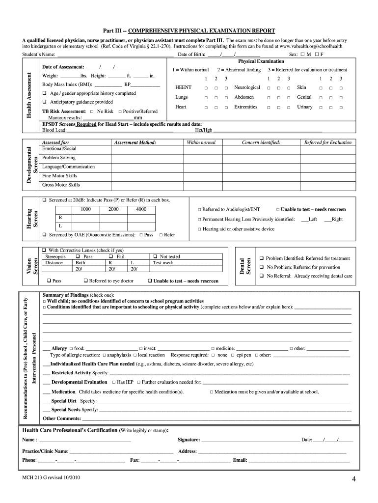Fillable Online Part III -- COMPREHENSIVE PHYSICAL EXAMINATION REPORT ...