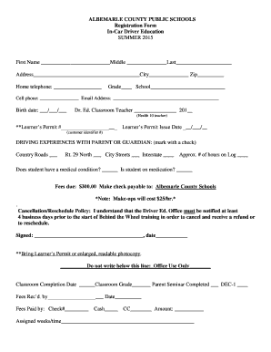 Fillable Online ALBEMARLE COUNTY PUBLIC SCHOOLS Registration Form In-Car Fax Email Print - pdfFiller