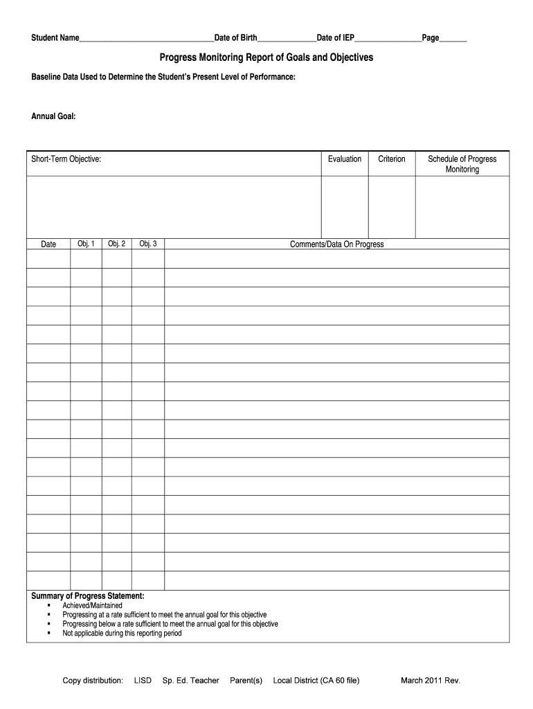 Fillable Online Progress Monitoring Report of Goals and Objectives ...