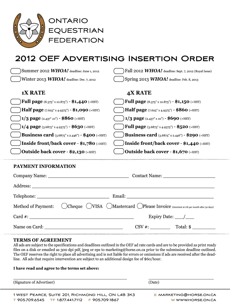 Fillable Online 2012 OEF Advertising Insertion Order2012 OEF ...