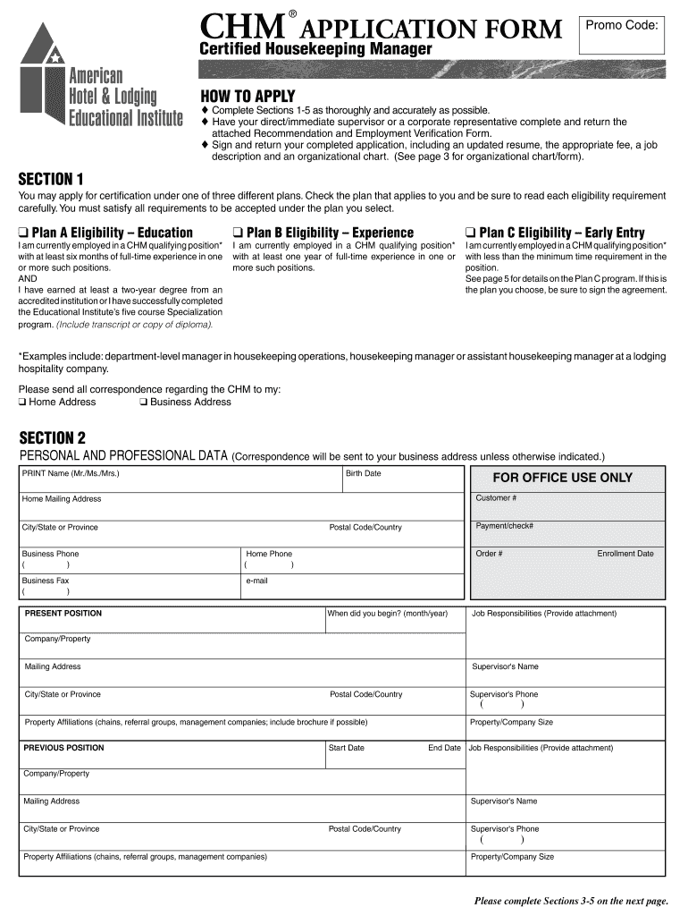 Fillable Online CHM APPLICATION FORM Promo Code Certified Housekeeping ...