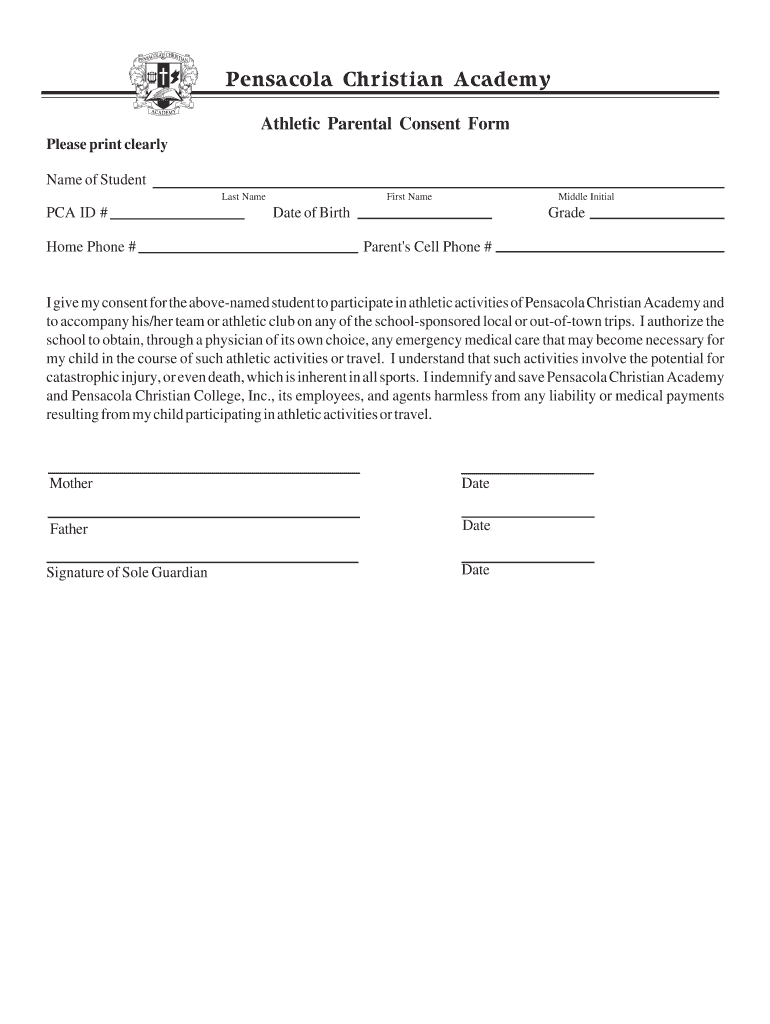 Fillable Online pcci Athletic Parental Consent Form Athletic Parental ...