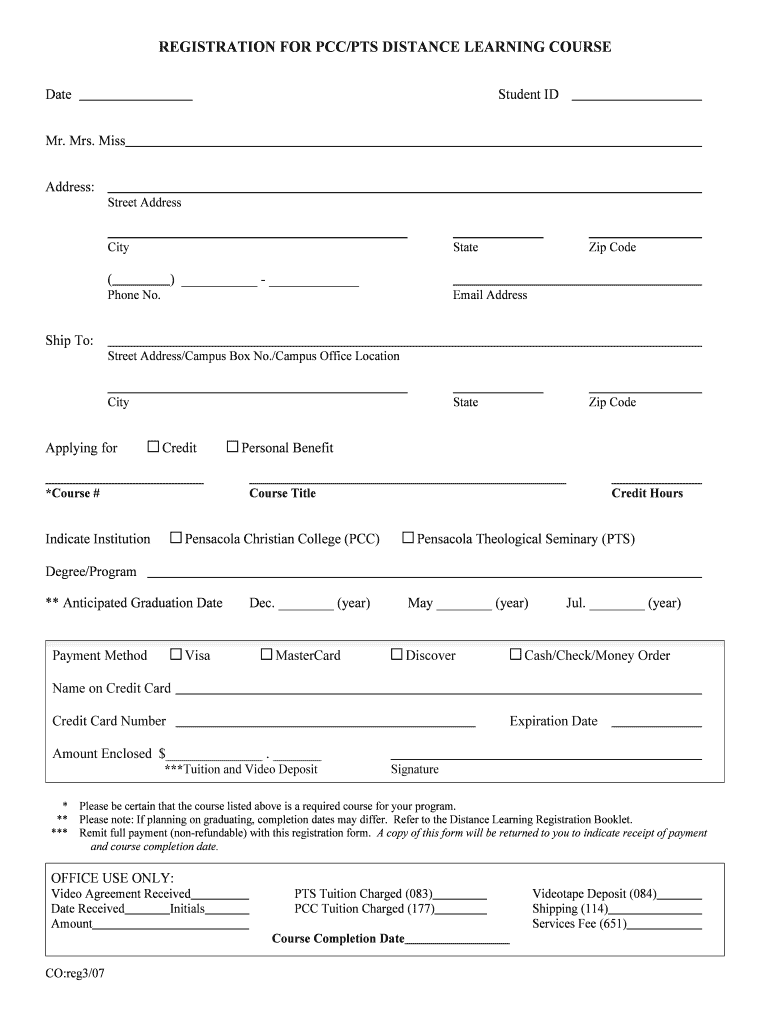 Fillable Online pcci PCCPTS Distance Learning Registration Form Fax ...