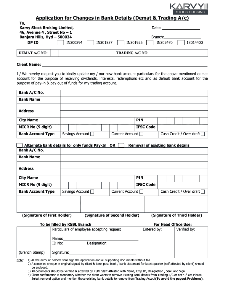 Fillable Online Application for Changes in Bank Details Demat amp ...