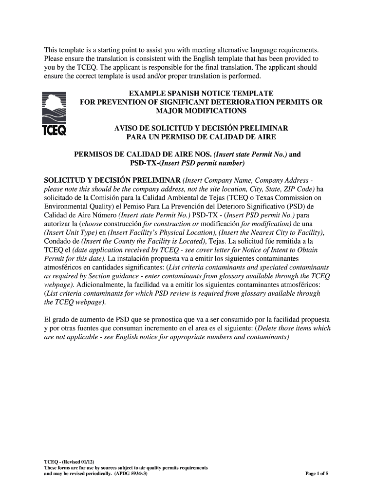 Fillable Online TCEQ - EXAMPLE SPANISH NOTICE TEMPLATE TCEQ - EXAMPLE ...