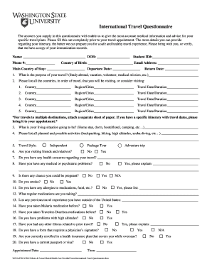 Fillable Online hws wsu International Travel Questionnaire - Health amp ...