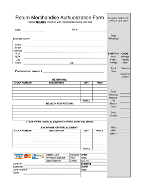Fillable Online Return Merchandise Authuorization Form SHADED AREA FOR ...