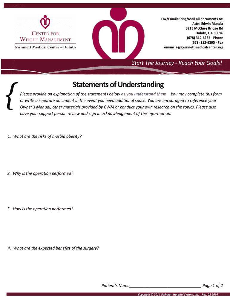 Fillable Online Statements of Understanding - Gwinnett Medical Center ...