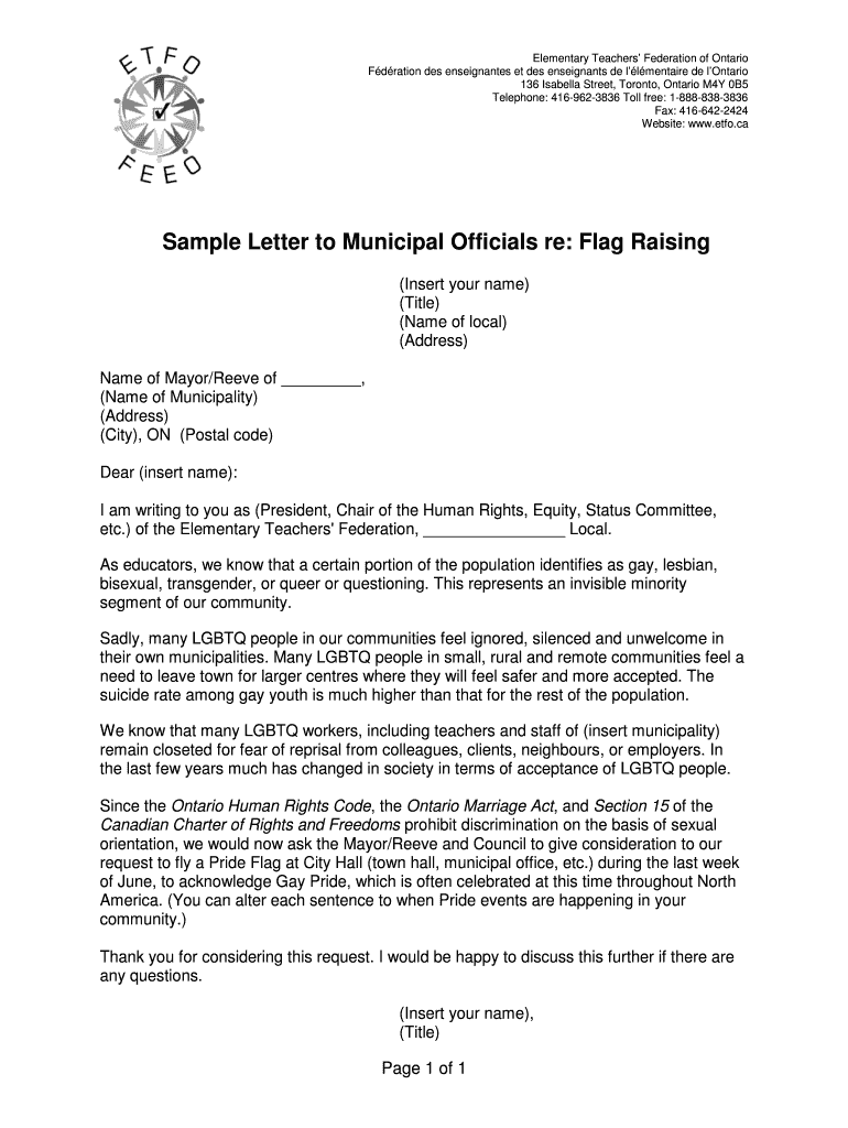 Fillable Online etfo Sample letter to Municipal Officials Fax Email ...