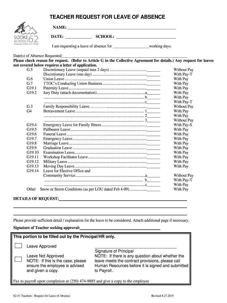 Fillable Online TEACHER REQUEST FOR LEAVE OF ABSENCE Fax Email Print - pdfFiller
