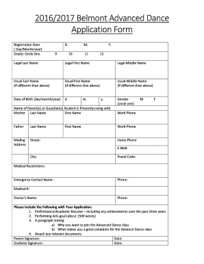 Fillable Online 20162017 Belmont Advanced Dance Application Form Fax ...