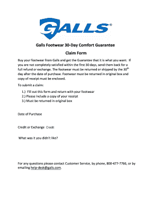 Fillable Online Galls Footwear 30 Day Comfort Guarantee Claim Form Fax ...