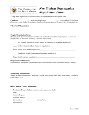 Fillable Online shadygrove umd New Student Organization Registration ...