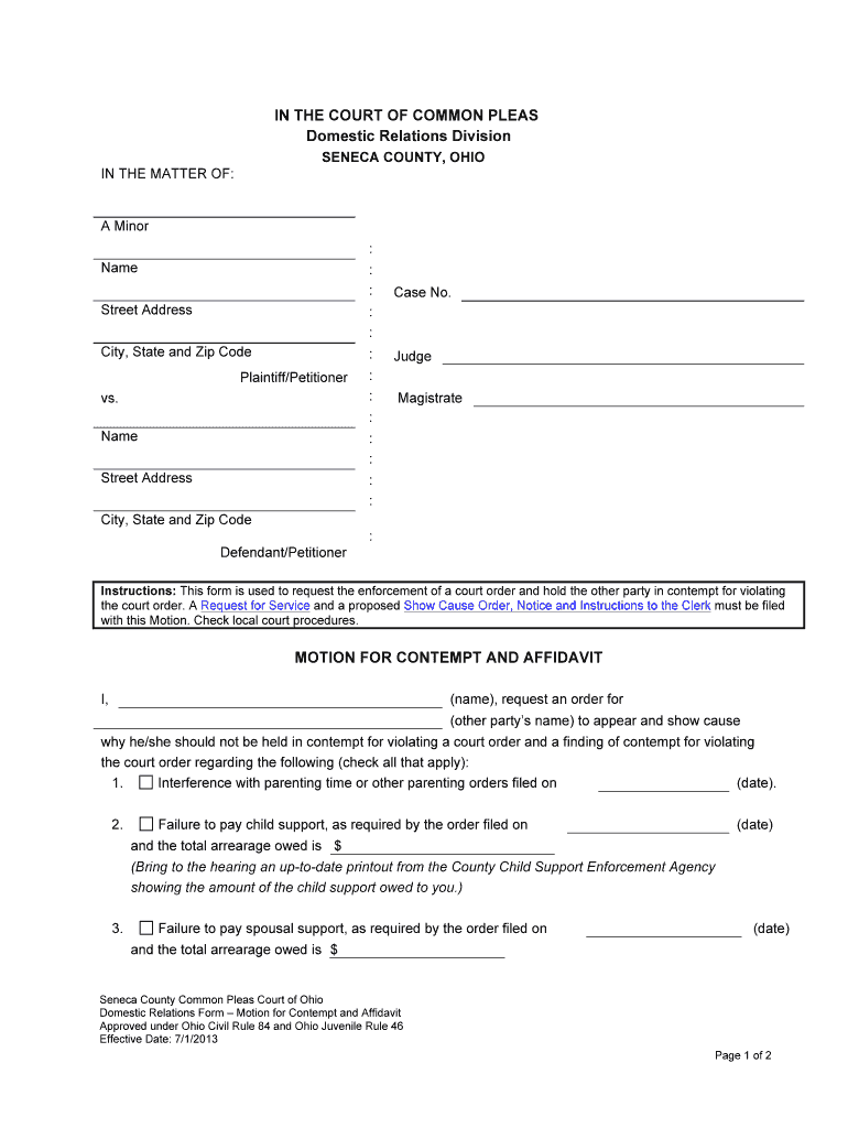 Fillable Online senecacocourts Motion for Contempt and Affidavit ...
