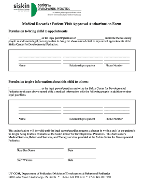 Fillable Online Medical Records Patient Visit Approval Authorization ...