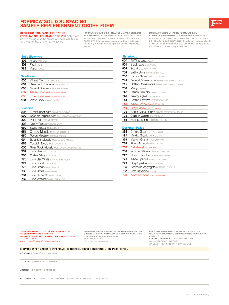 Fillable Online FORMICA SOLID SURFACING SAMPLE REPLENISHMENT ORDER FORM ...