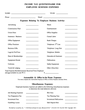 Fillable Online INCOME TAX QUESTIONNAIRE FOR Fax Email Print - pdfFiller