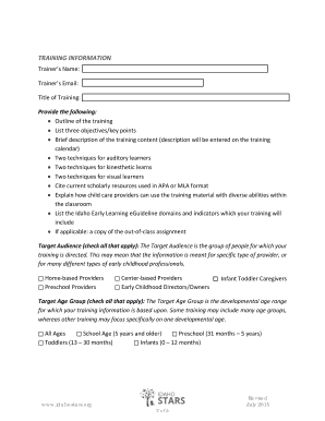 Fillable Online idahostars Training Approval Packet Training Approval ...