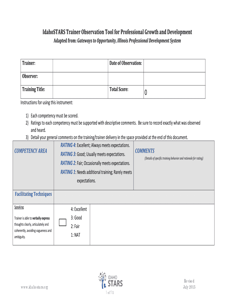 Fillable Online idahostars IdahoSTARS Trainer Observation Tool for Professional Growth and ...