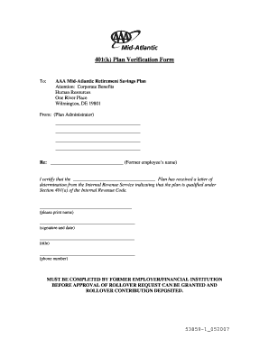 Fillable Online 401k Plan Verification Form - AAA Fax Email Print ...