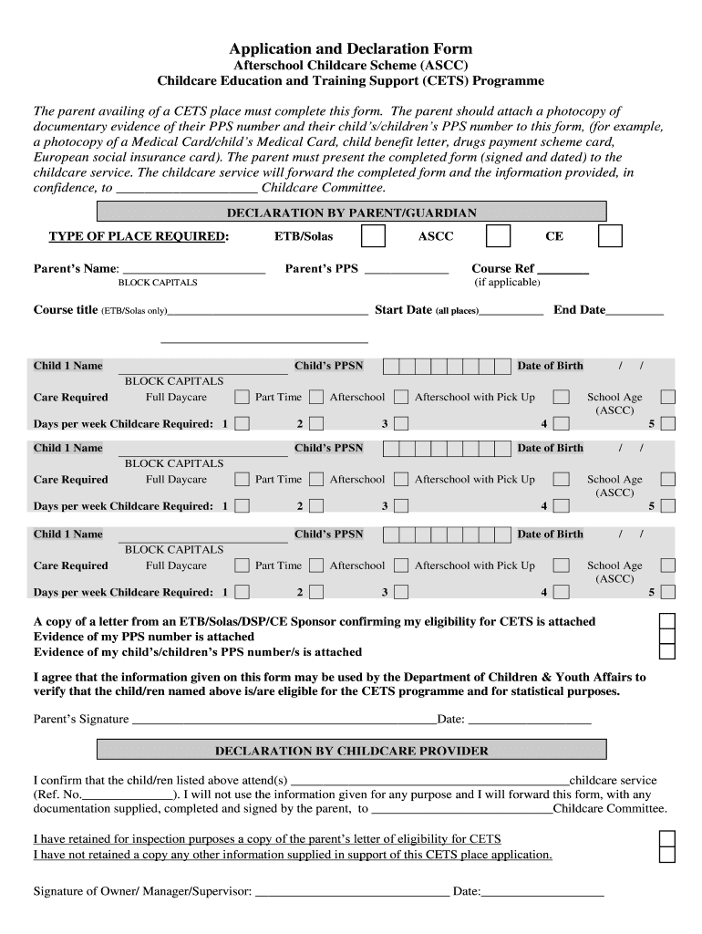 Fillable Online childcareonline Application and Declaration Form ...