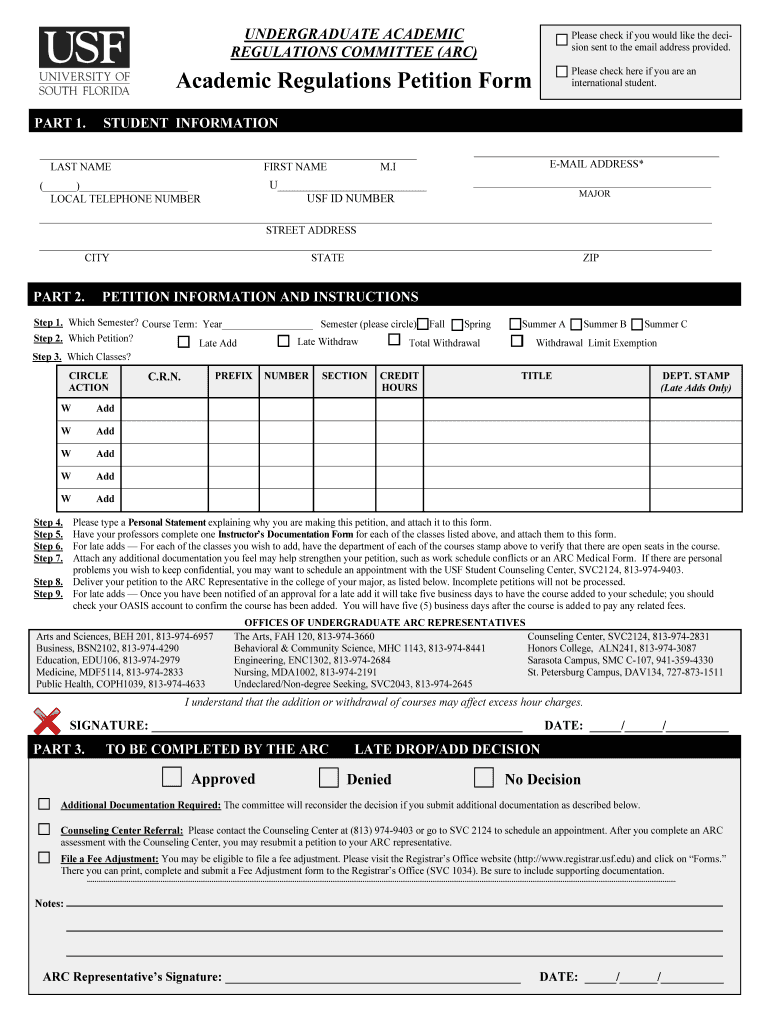 Fillable Online ugs usf Academic Regulations Petition Form Please check ...