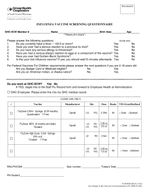 Fillable Online INFLUENZA VACCINE SCREENING QUESTIONNAIRE Fax Email ...