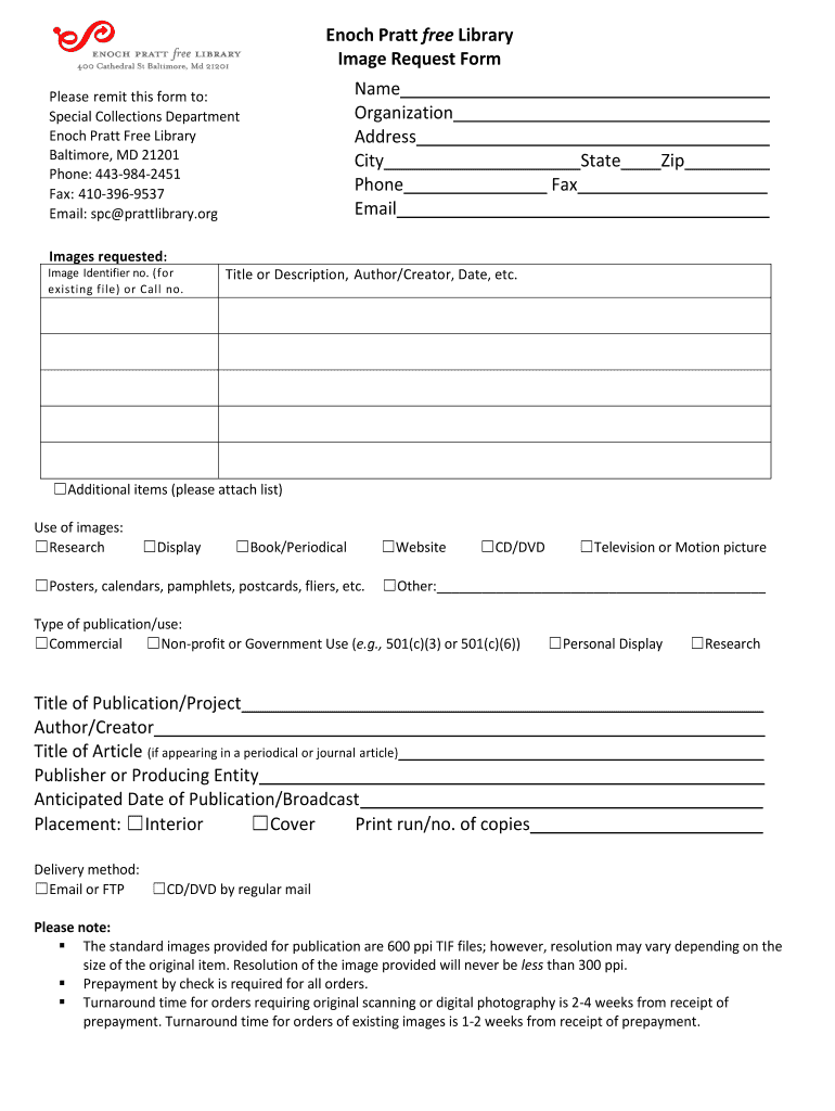 Fillable Online prattlibrary Enoch Pratt free Library Image Request ...