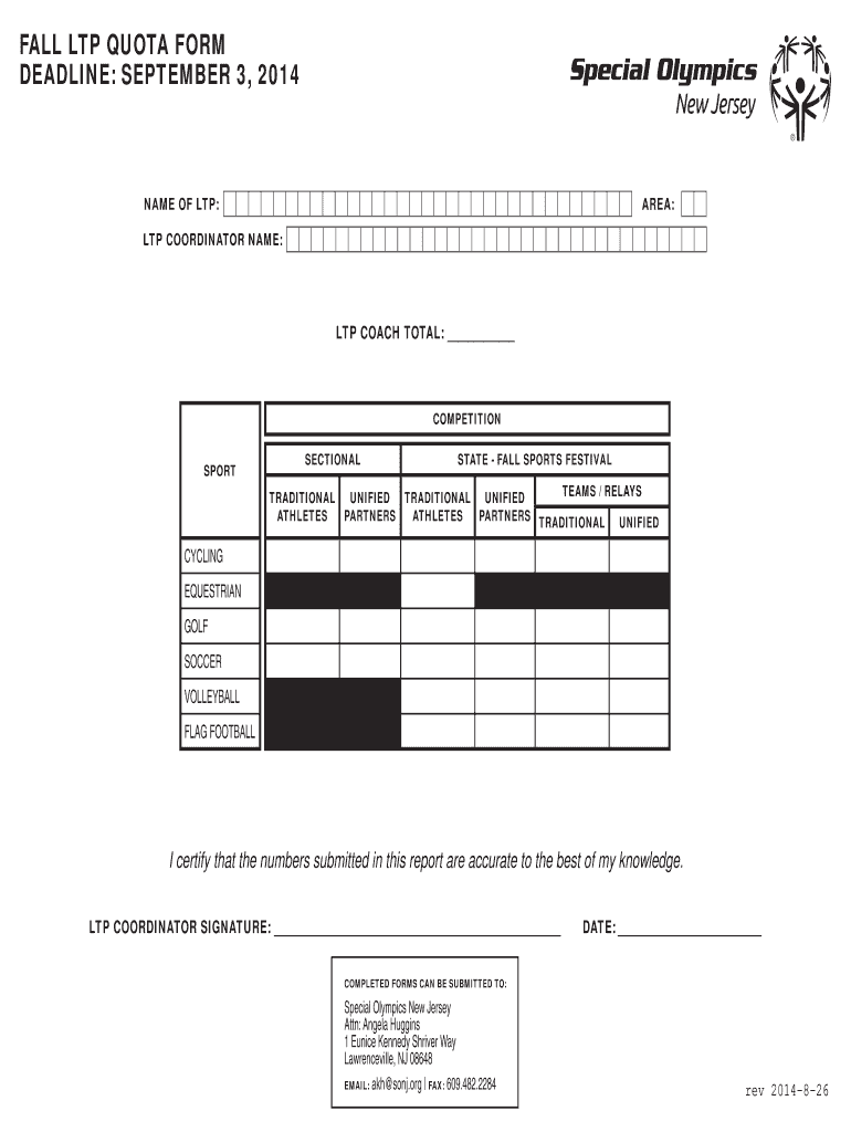 Fillable Online new sonj FALL LTP QUOTA FORM DEADLINE SEPTEMBER 3 2014 ...