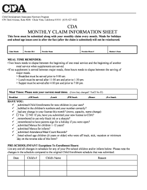 Fillable Online CDA MONTHLY CLAIM INFORMATION SHEET Fax Email Print ...