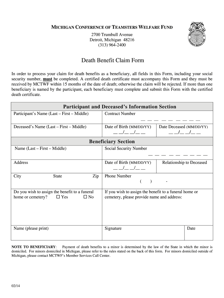 Fillable Online mctwf Death Benefit Claim Form - MCTWF Fax Email Print ...