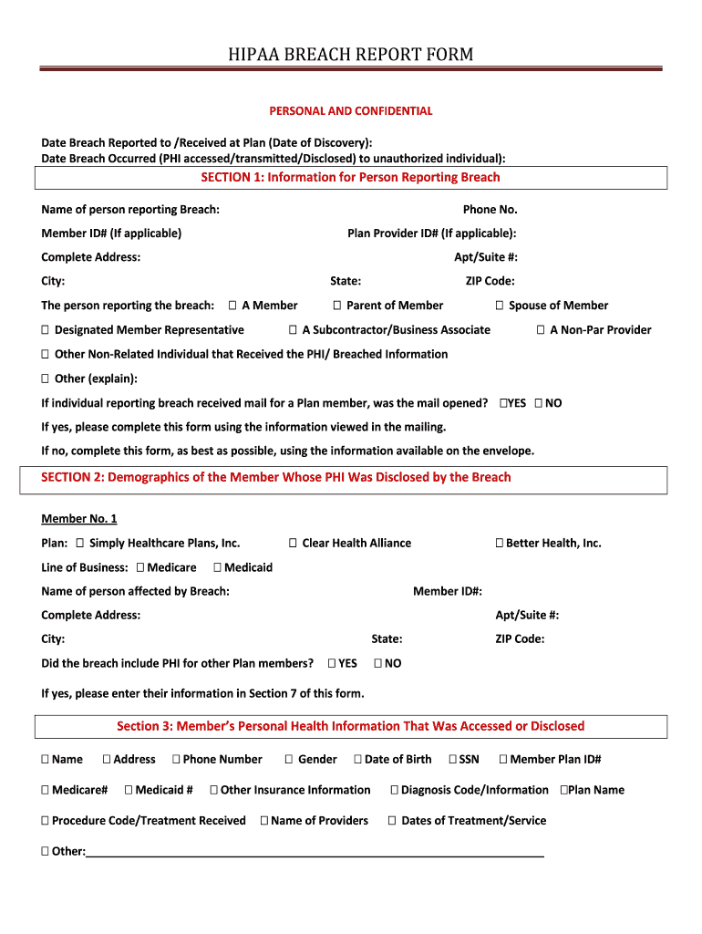Fillable Online HIPAA BREACH REPORT FORM - betterhealthfloridacom Fax ...